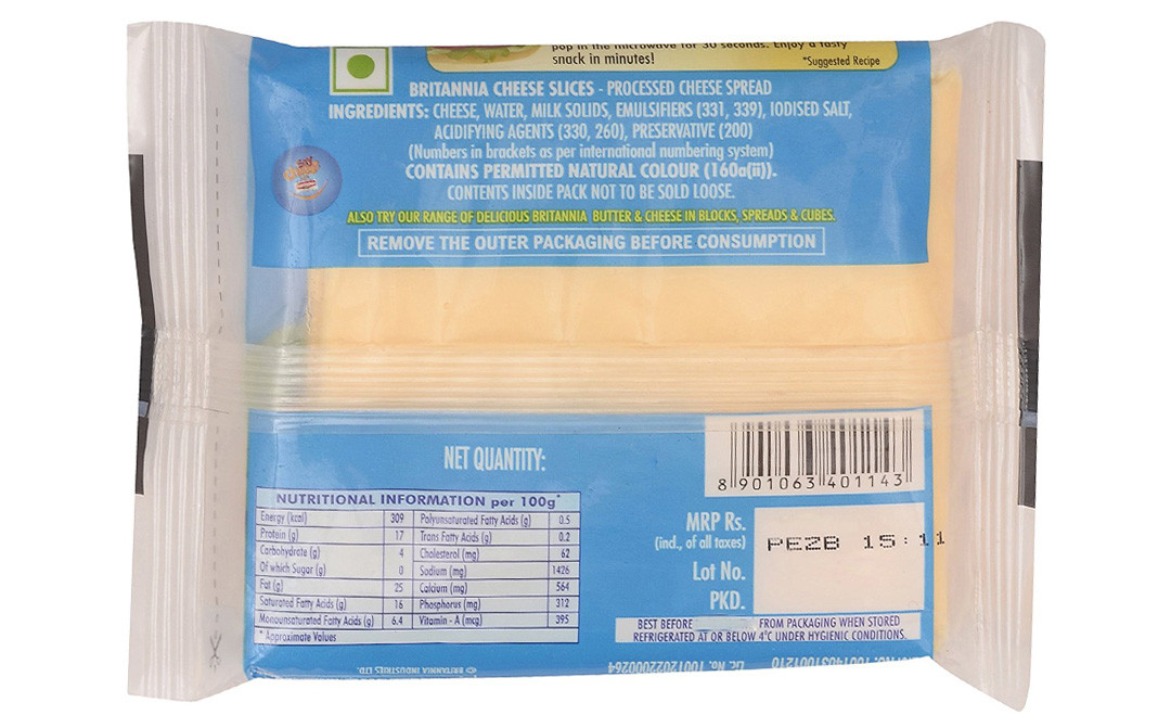 Britannia Cheese Slices Pouch 100 grams - Reviews | Nutrition ...