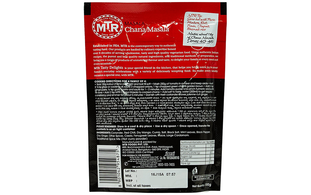 MTR Chana Masala Pack 100 grams - Reviews | Nutrition | Ingredients ...